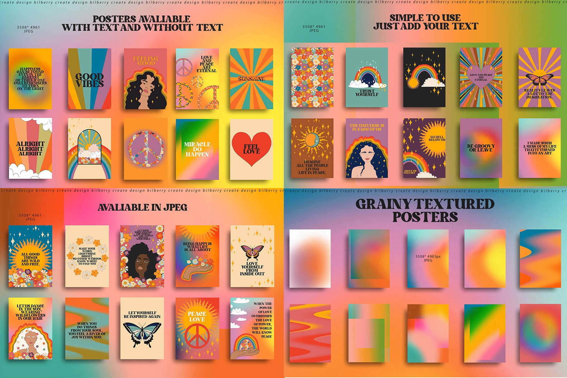 Happiness Summer Child Hippie Digital Papers Groovy ART Retro Digital ...