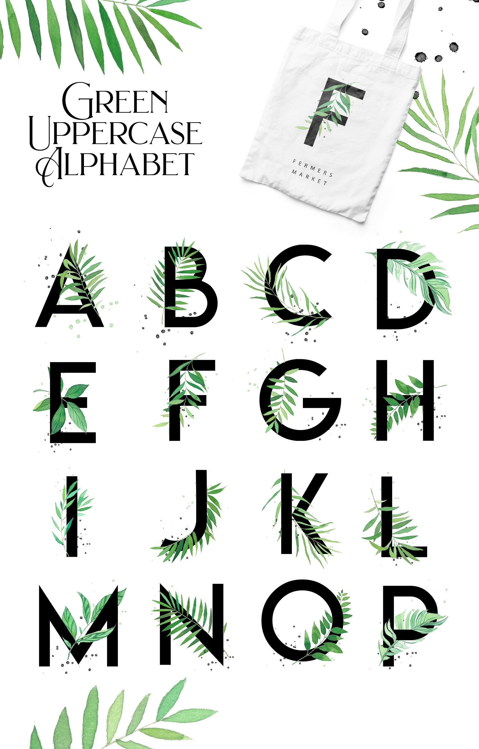 Green. Tropical Watercolor Letters & Clipart, Exotic Jungle Leaves ...