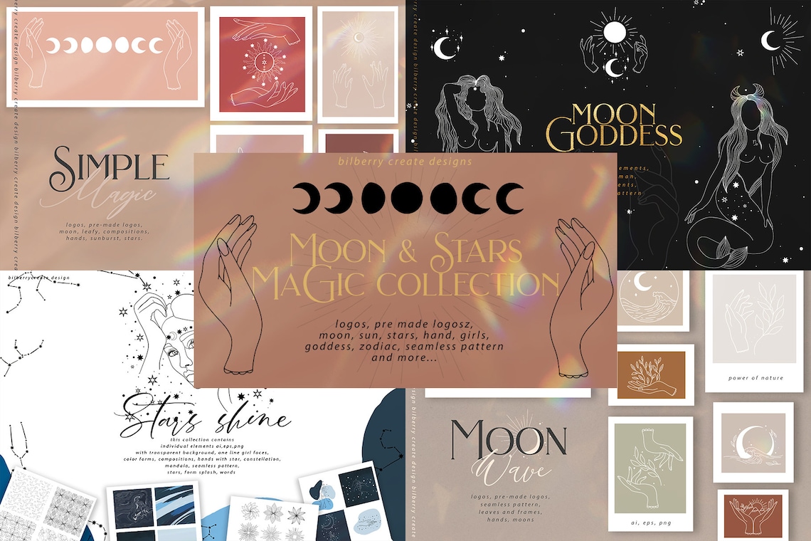 Moon and Stars Bundle-digital Stars Clipart-graphic Bundle celestial ...