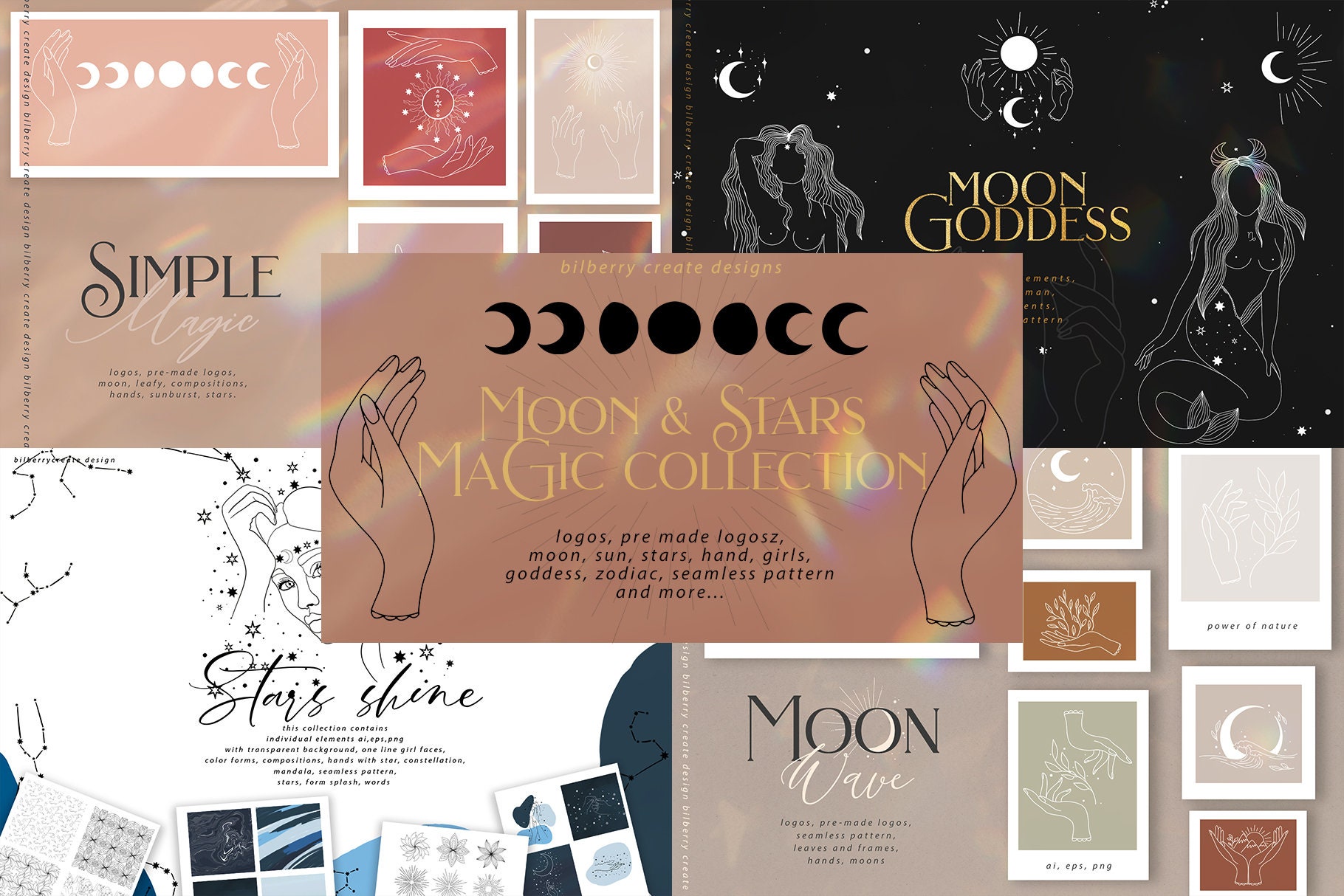 Moon and Stars Bundle-digital Stars Clipart-graphic Bundle celestial ...