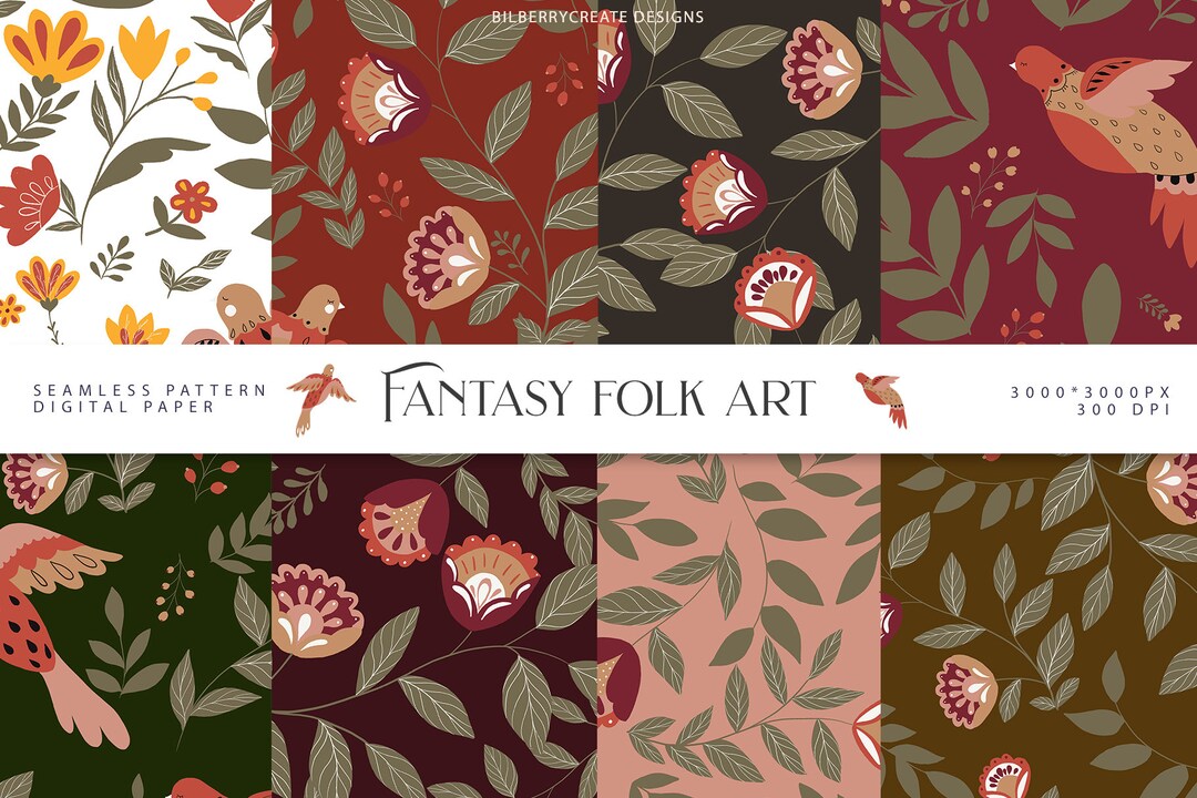 Fantasy Folk Art Digital Paper Set Scrapbook Paper Seamless Patterns ...