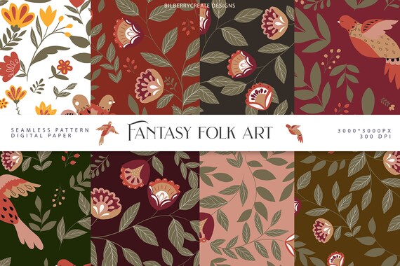 Fantasy Folk Art Digital Paper Set Scrapbook Paper | Etsy