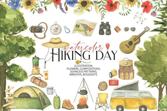 Hiking Day Big Clip Art Set Camping Summer Clipart Travel - Etsy