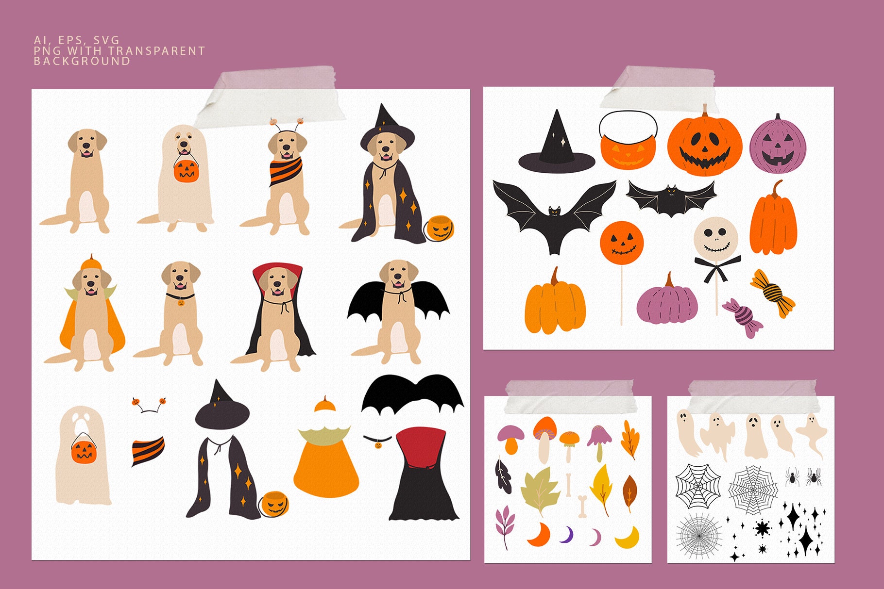 Halloween Dogs Clip Art, Dogs in Costumes, Spooky Dog Clipart, Pumpkin ...