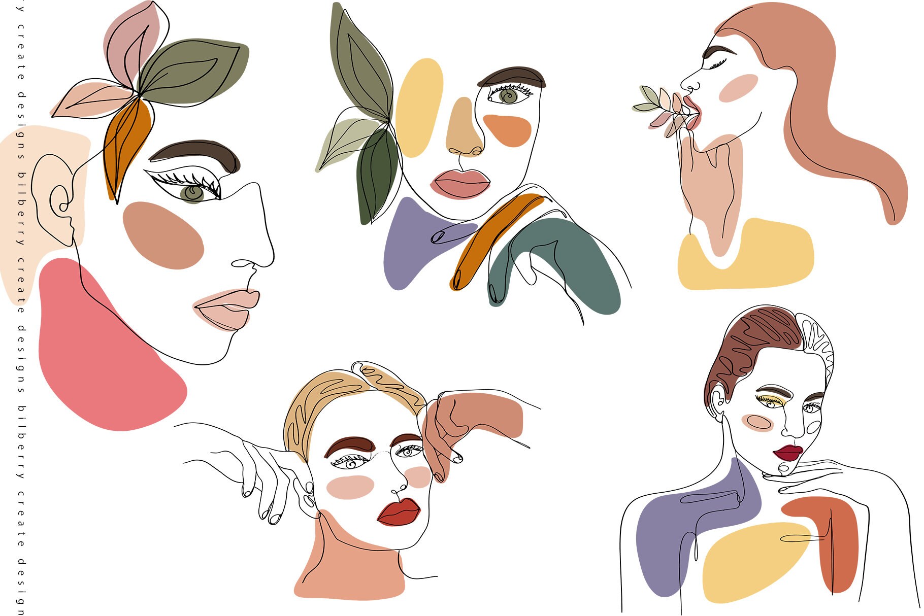 Set of 5 Abstract Woman Face Line Art Drawing Female Face - Etsy