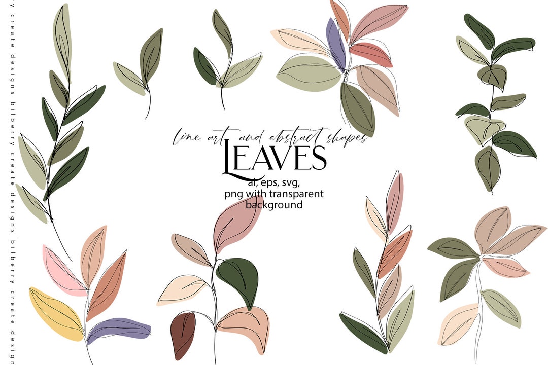 Set of 9 Abstract Leaves Leaf Line Art Drawing, Natural Line Art ...