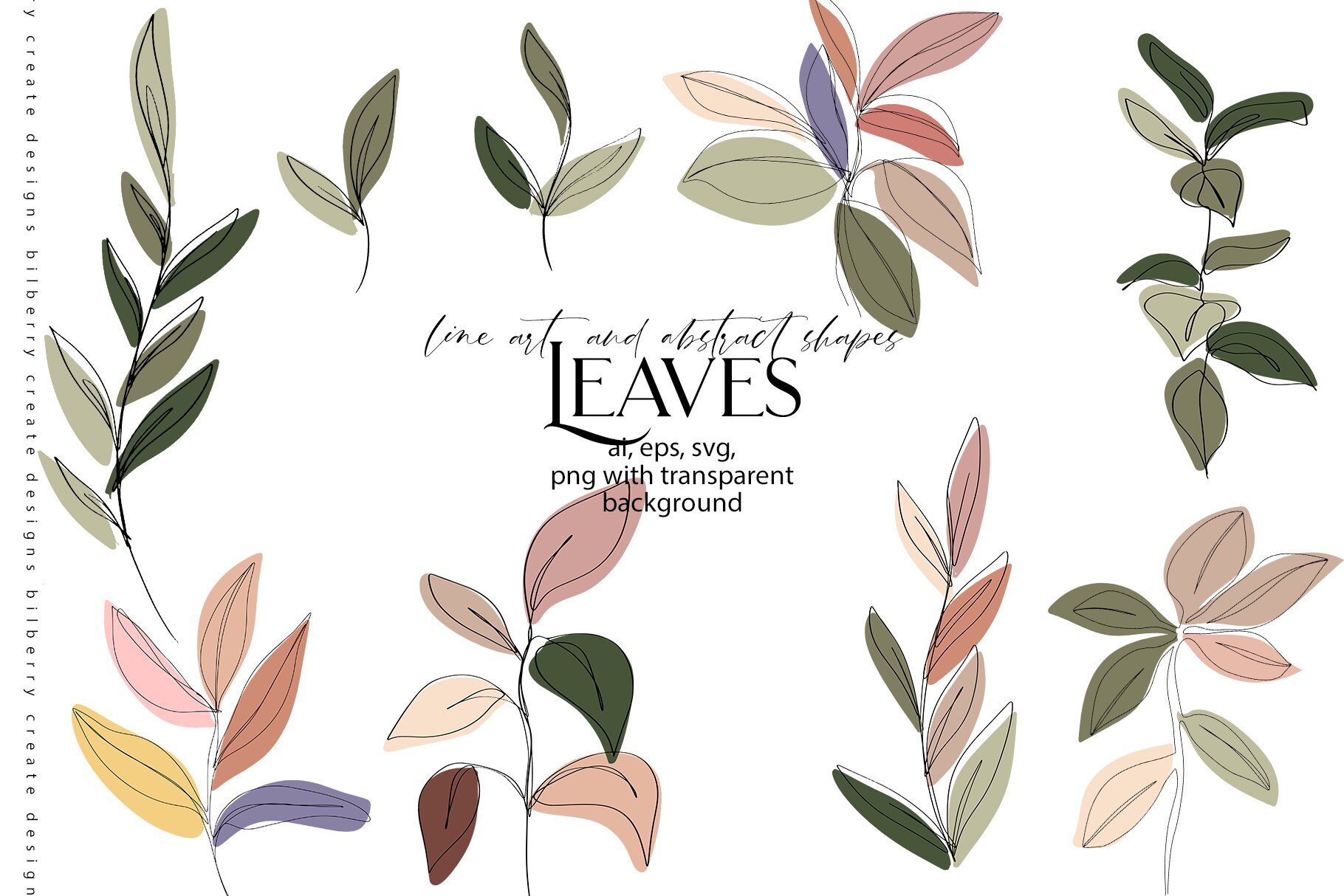 Set of 9 Abstract Leaves Leaf Line Art Drawing, Natural Line Art ...
