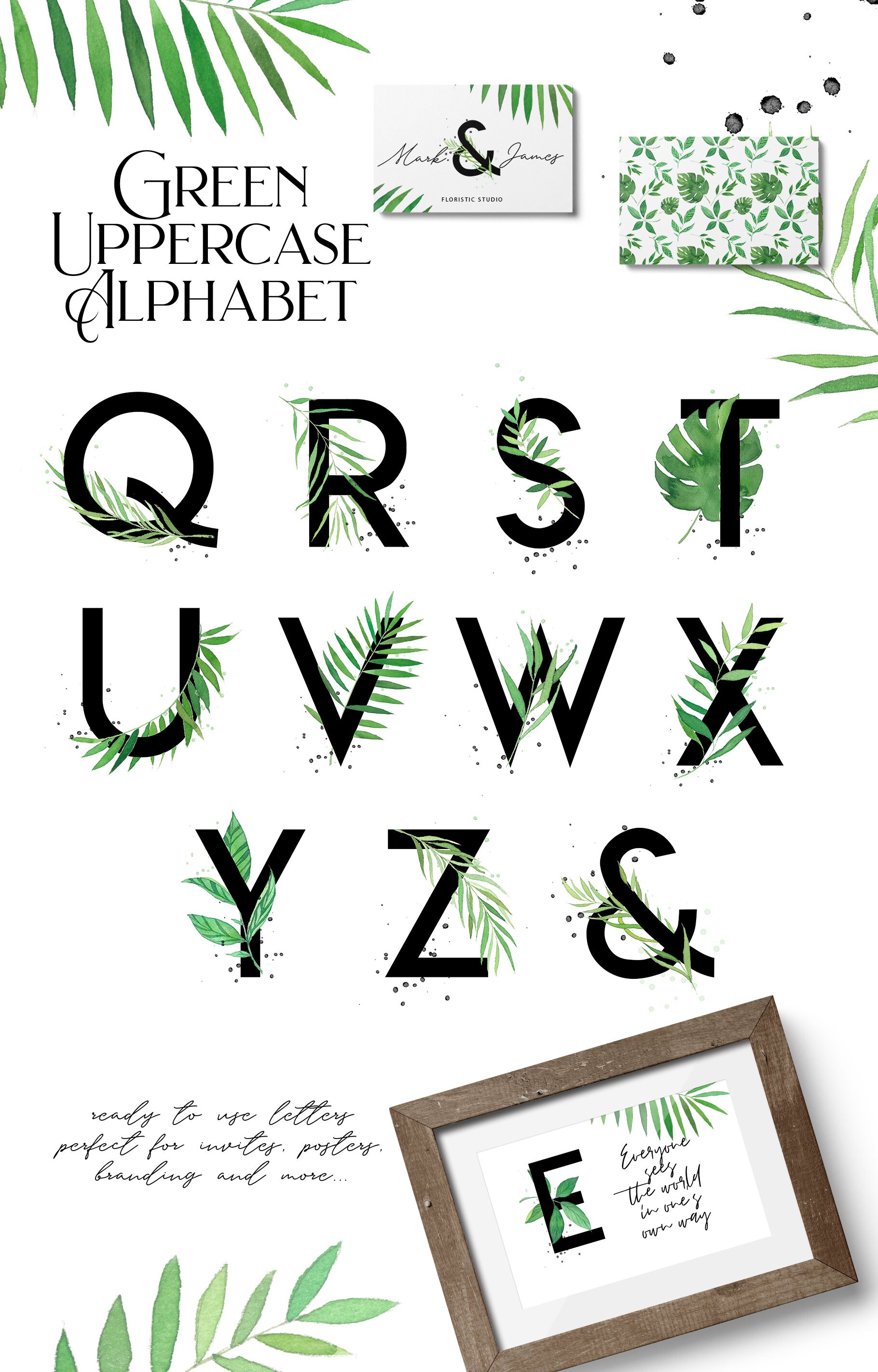 Green. Tropical Watercolor Letters & Clipart, Exotic Jungle Leaves ...