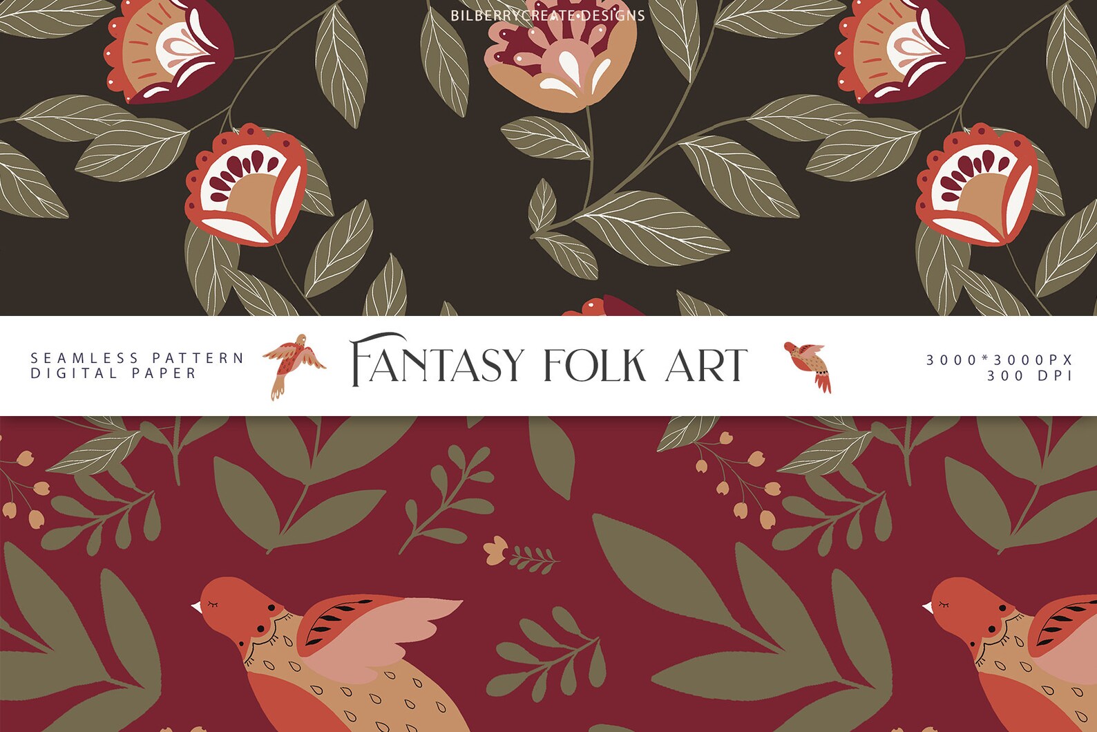 Fantasy Folk Art Digital Paper Set Scrapbook Paper Seamless Patterns ...