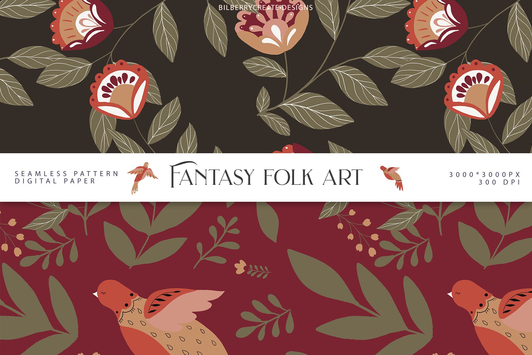 Fantasy Folk Art Digital Paper Set Scrapbook Paper Seamless Patterns ...
