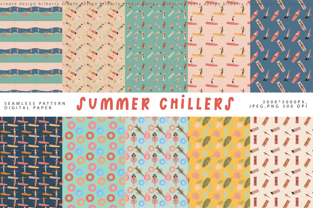 Summer Chillers Digital Paper Set, Scrapbook Paper, Seamless Patterns ...