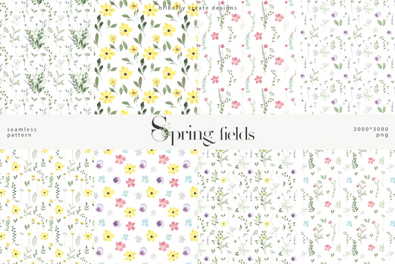 Watercolour Spring Fields White, Seamless Pattern, Png, Digital Pattern ...