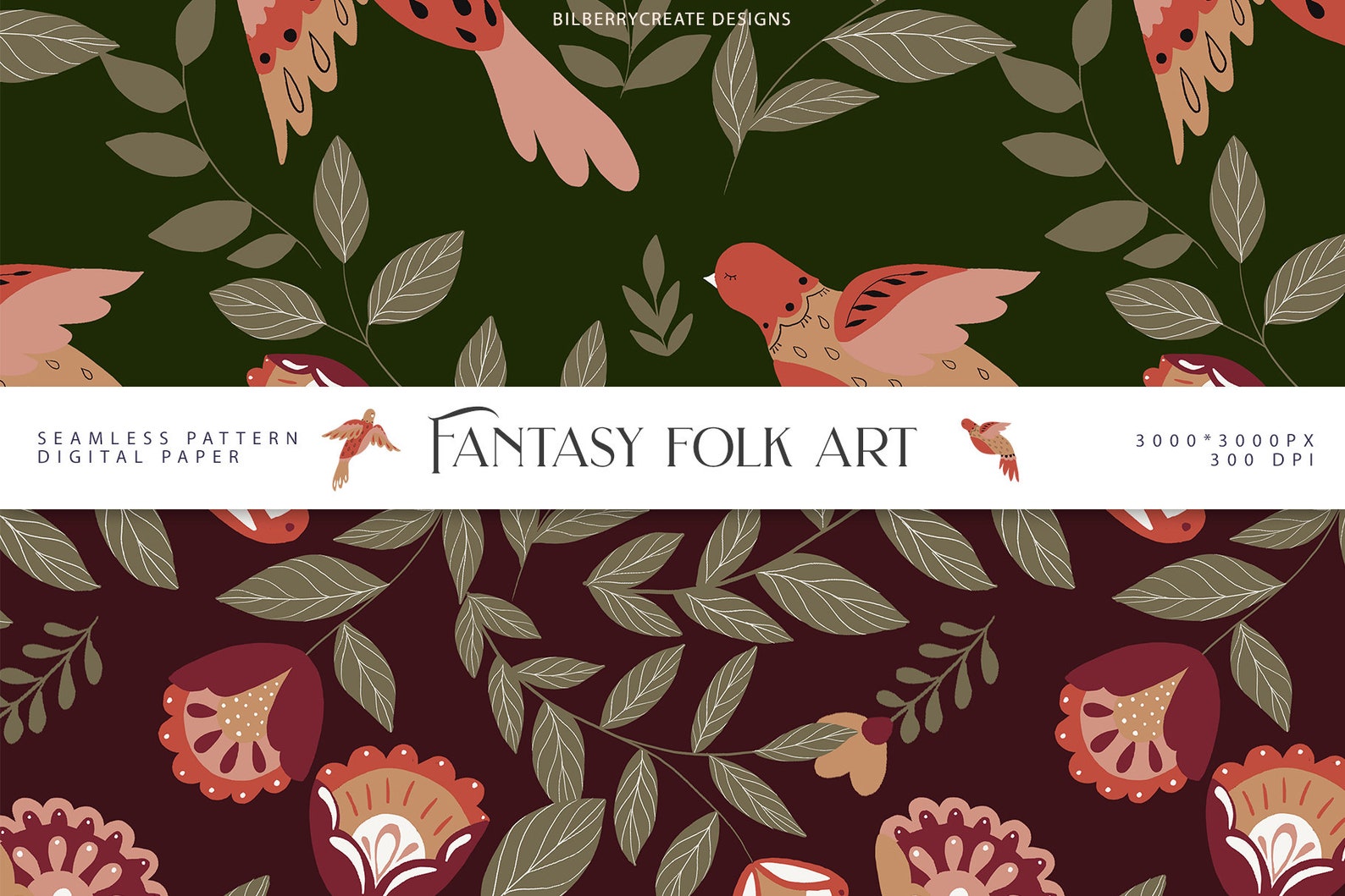 Fantasy Folk Art Digital Paper Set Scrapbook Paper Seamless Patterns ...