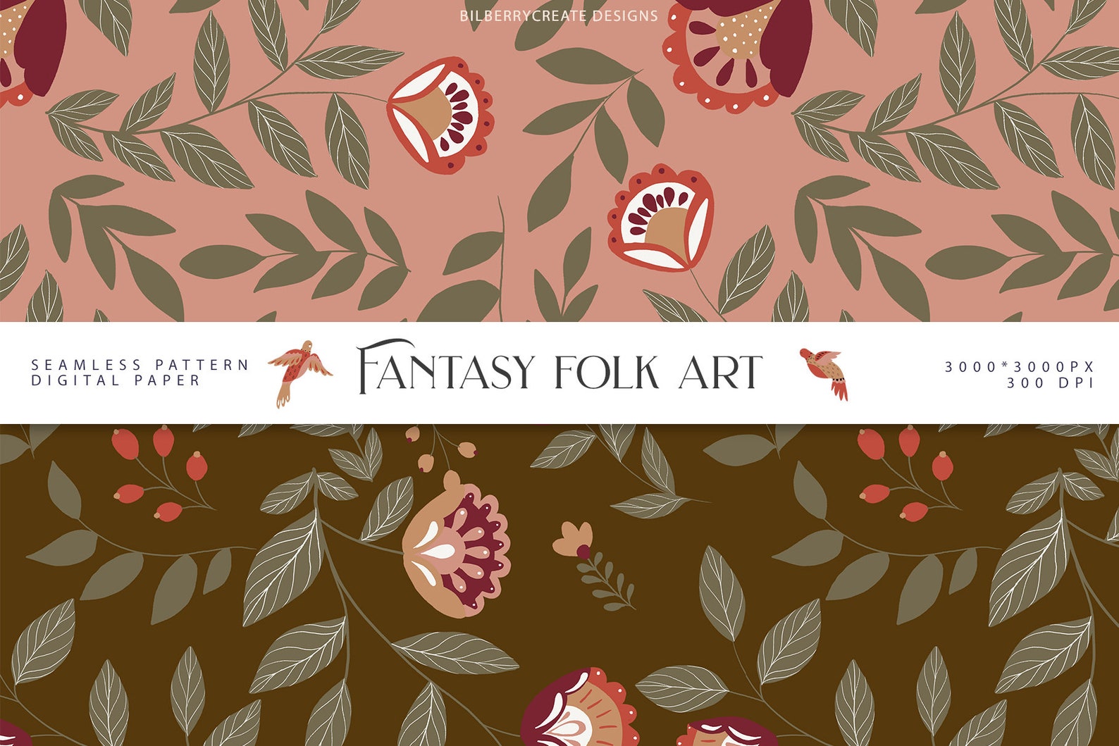 Fantasy Folk Art Digital Paper Set Scrapbook Paper Seamless Patterns ...