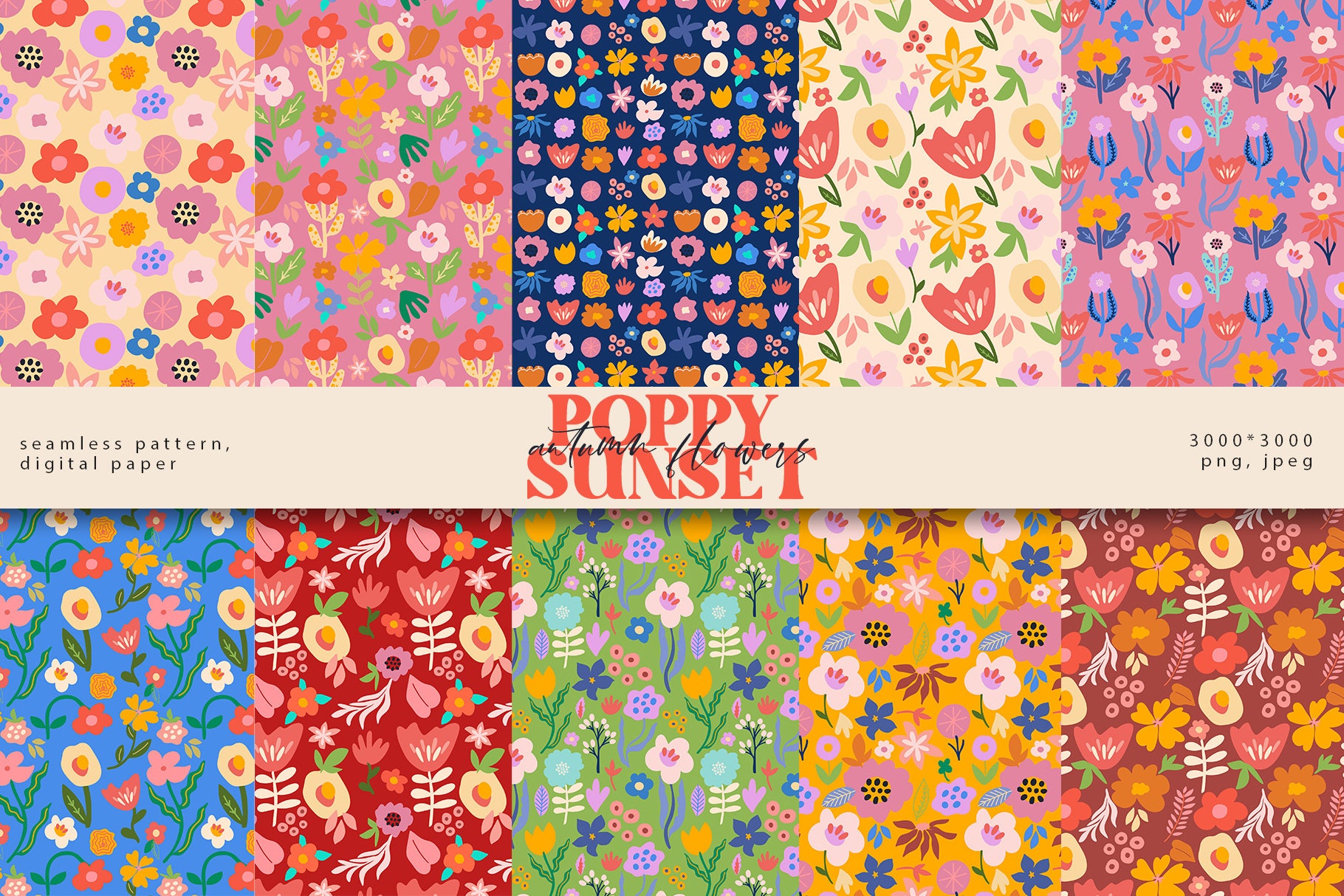 Abstract Autumn Flowers Digital Papers , Scrapbook Paper, Seamless ...