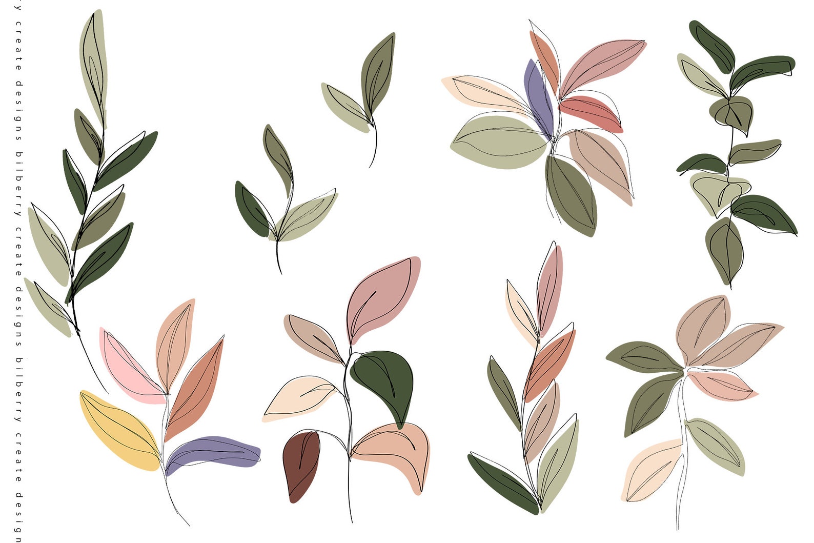 Set of 9 Abstract Leaves Leaf Line Art Drawing, Natural Line Art ...