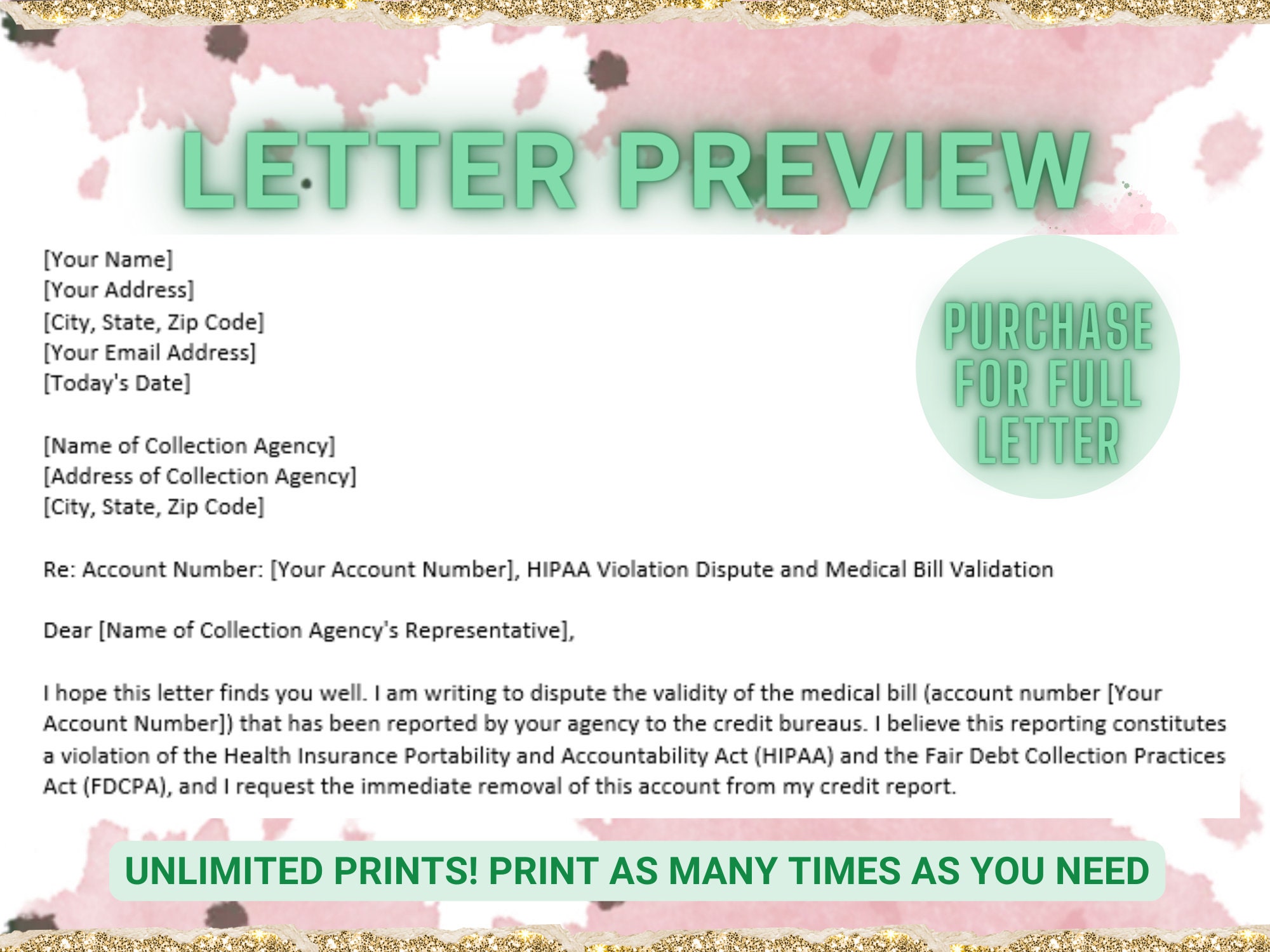 HIPAA Violation Dispute Letter Template DIY Credit Repair Etsy