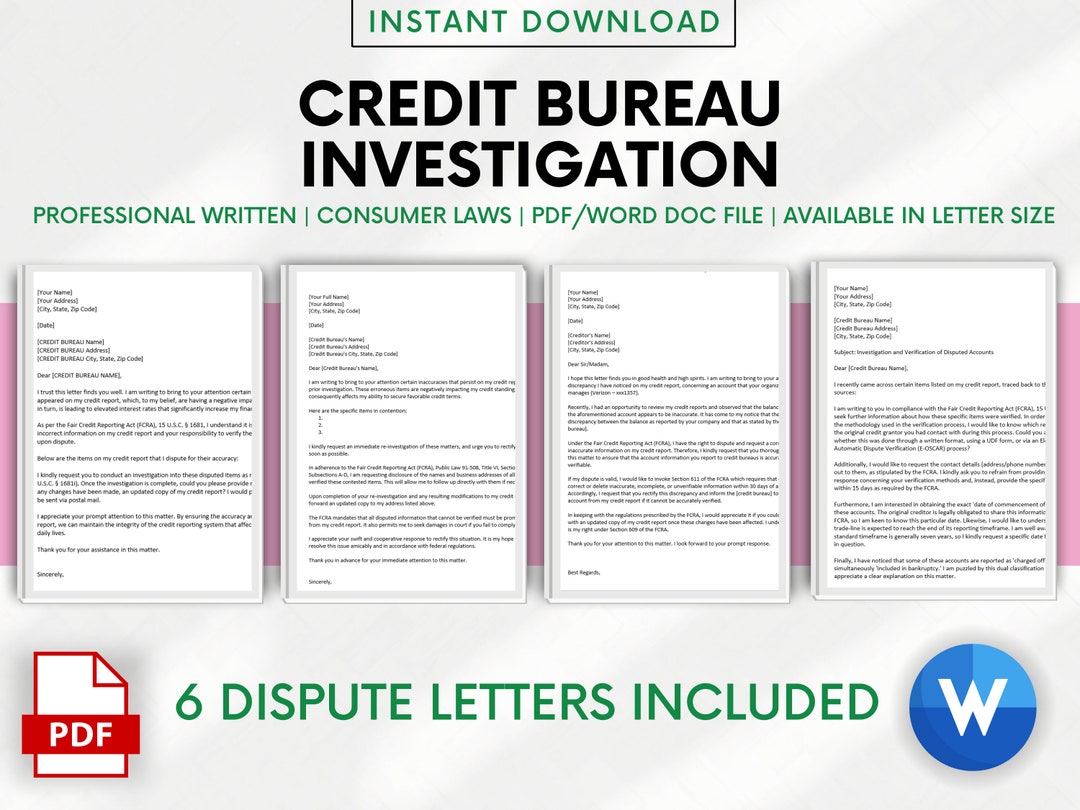 Credit Bureau Investigation Credit Dispute Letter Template | Factual ...