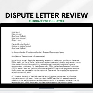 Car Repossession Removal Credit Dispute Letter Template (word & PDF) - Etsy