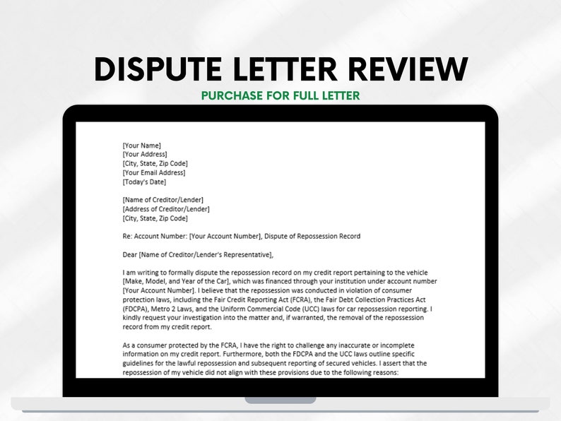 Car Repossession Removal Credit Dispute Letter Template (word & PDF) - Etsy