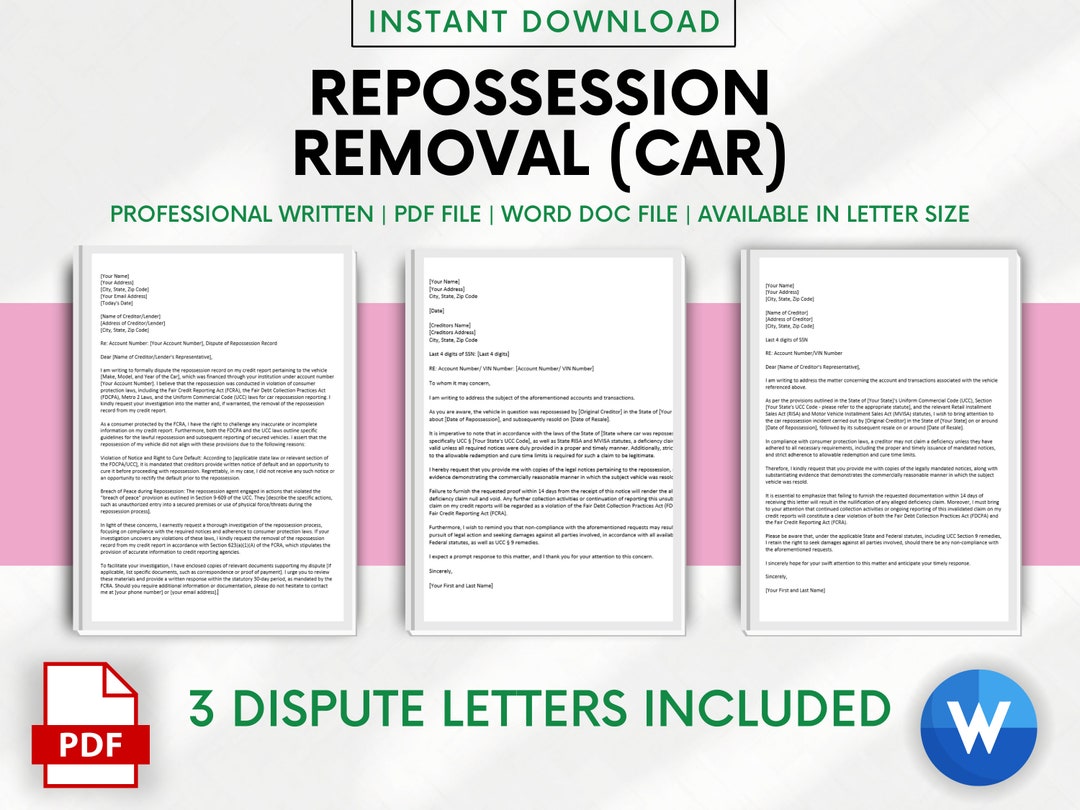 Car Repossession Removal Credit Dispute Letter Template (word & PDF) - Etsy