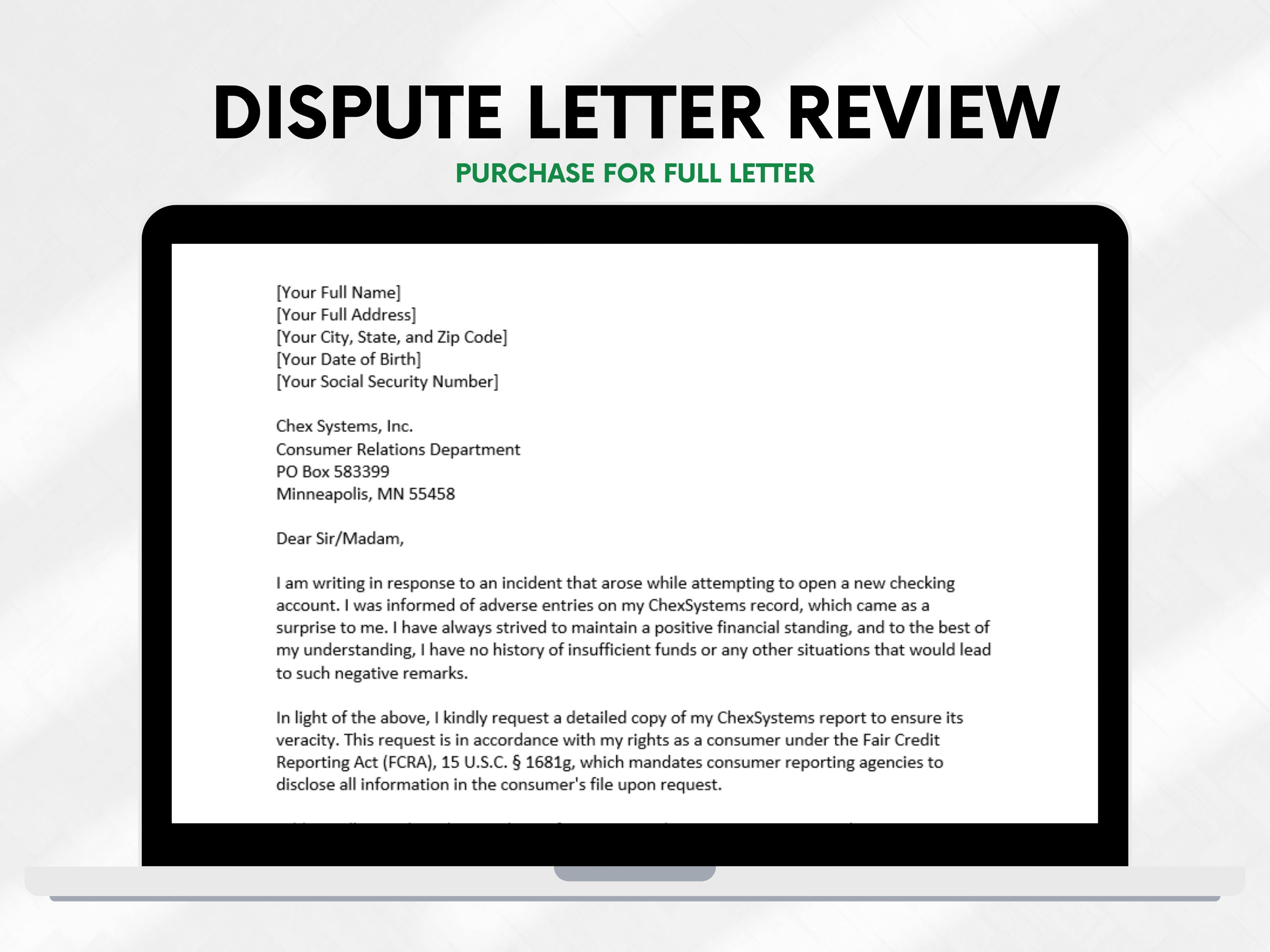 Chexsystems Credit Dispute Letter Template DIY Credit Repair Etsy