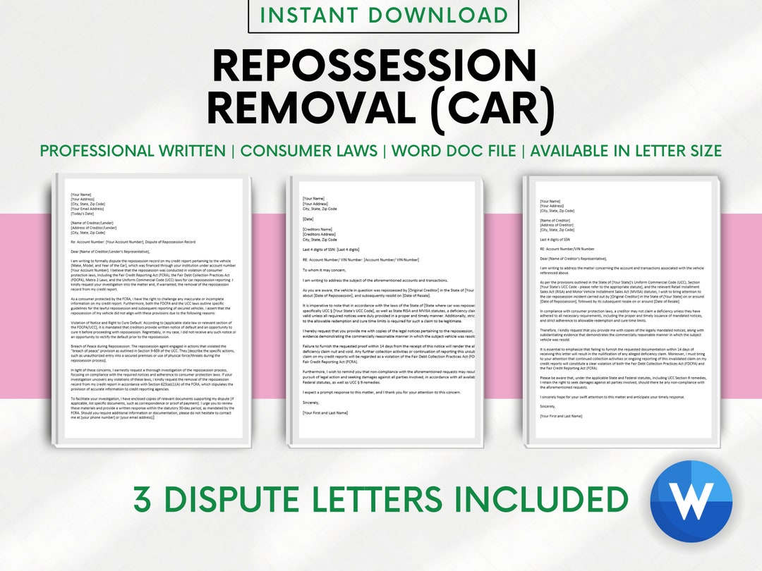 Repossession Removal Credit Dispute Letter Template for Repo Cars DIY ...