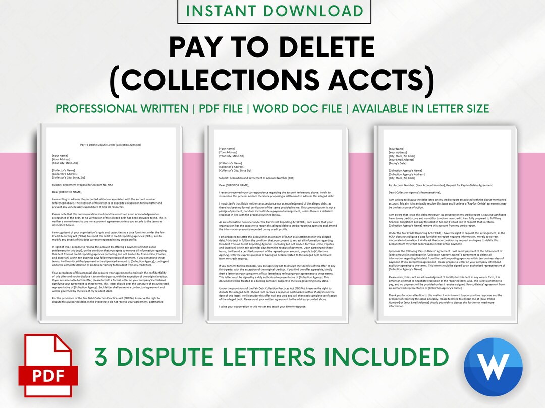 Pay to Delete Collection Dispute Letters Template (PDF & Word) - Etsy