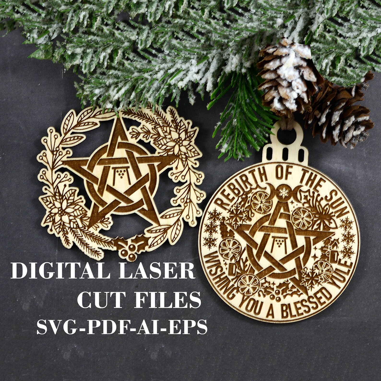 Blessed Yule Ornament SVG Set of 2 Pagan Pentagram Ornament Svg Digital ...