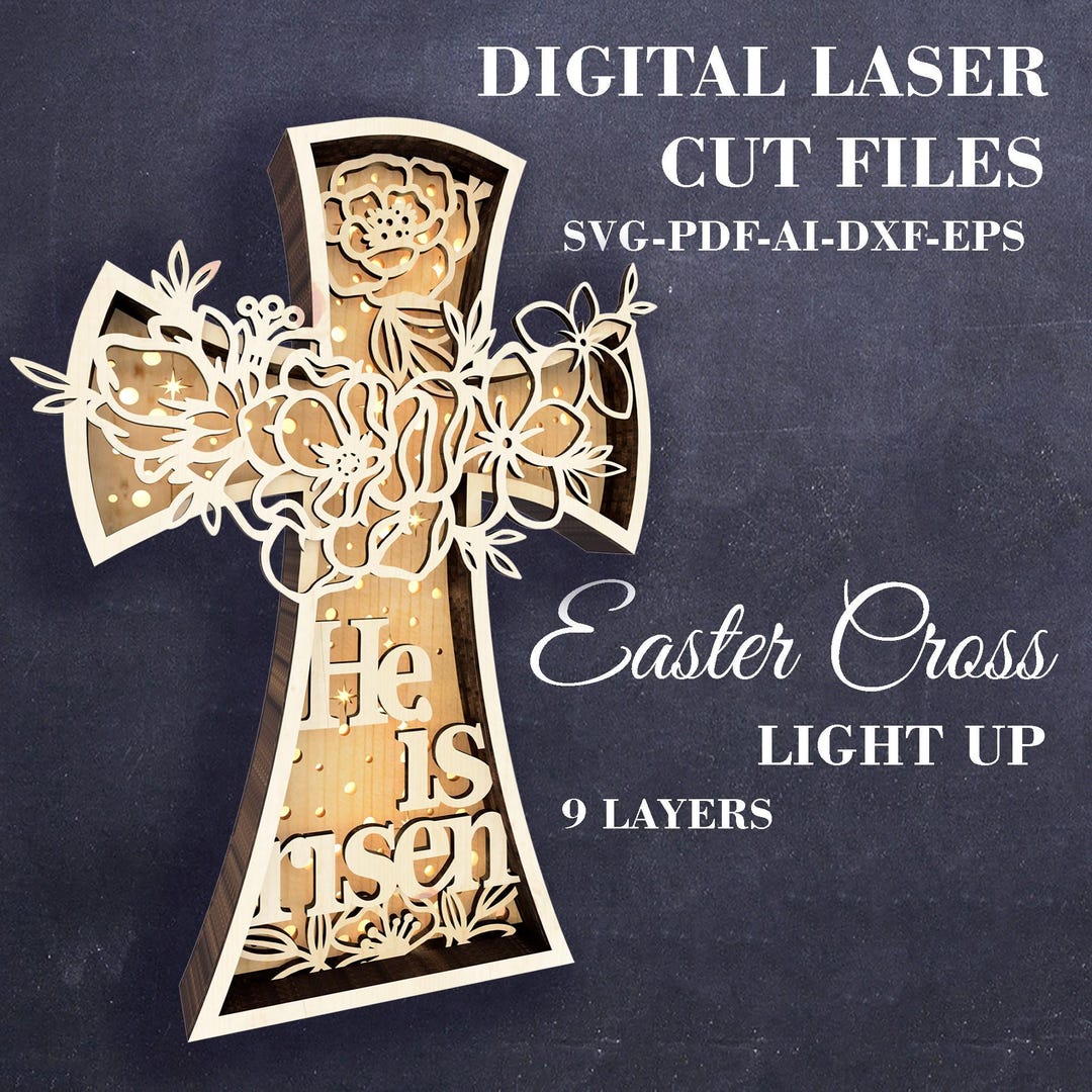 Easter Cross With Flowers Laser File - Lightbox He is Risen Cross SVG ...