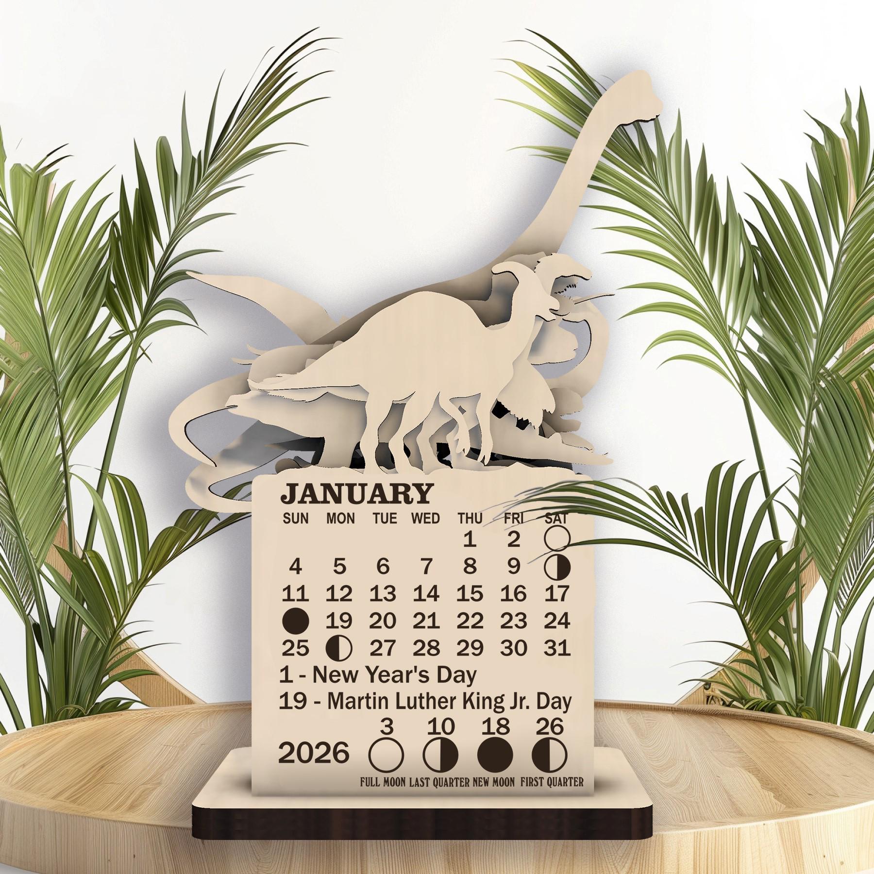 Dinosaur Desk Calendar 2026 SVG - Laser Cut Wooden Calendar Cards ...