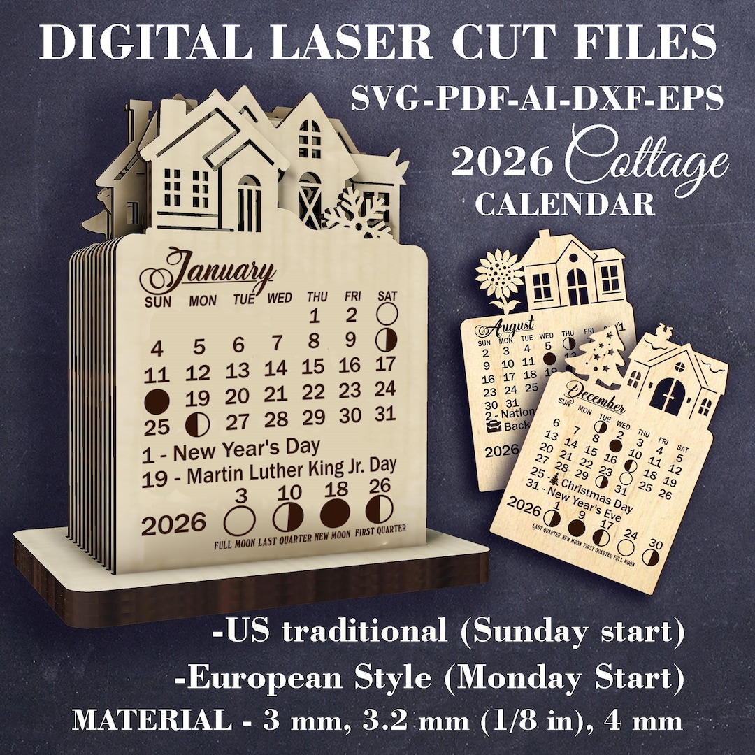 2026 Cottage Tabletop Calendar Laser Cut Files Wooden Houses Desk ...