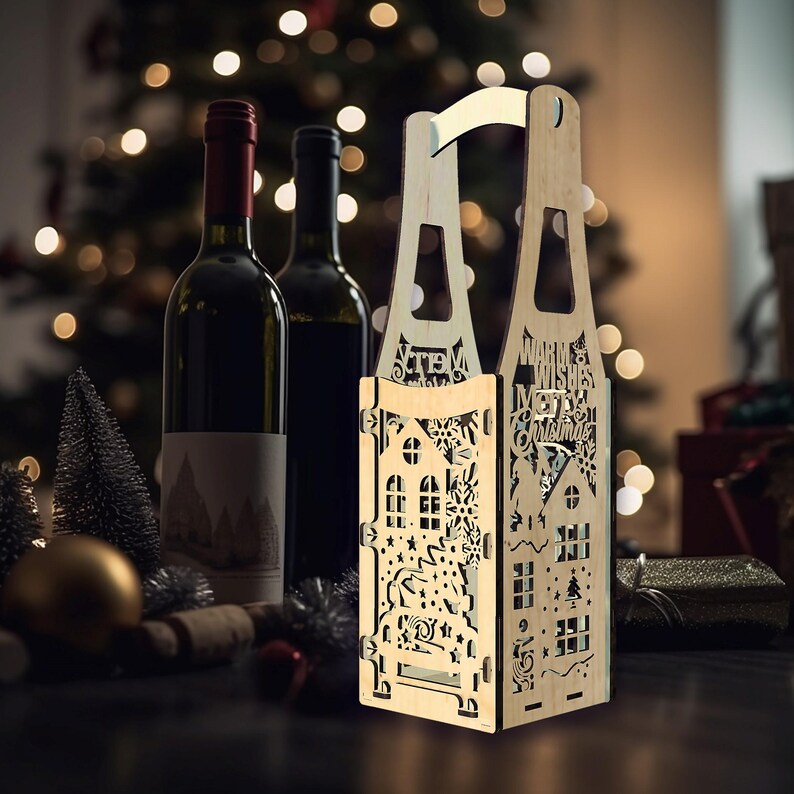 Christmas Wine Box SVG Laser Cut Files for Wood Gift Wine Bottle Box ...