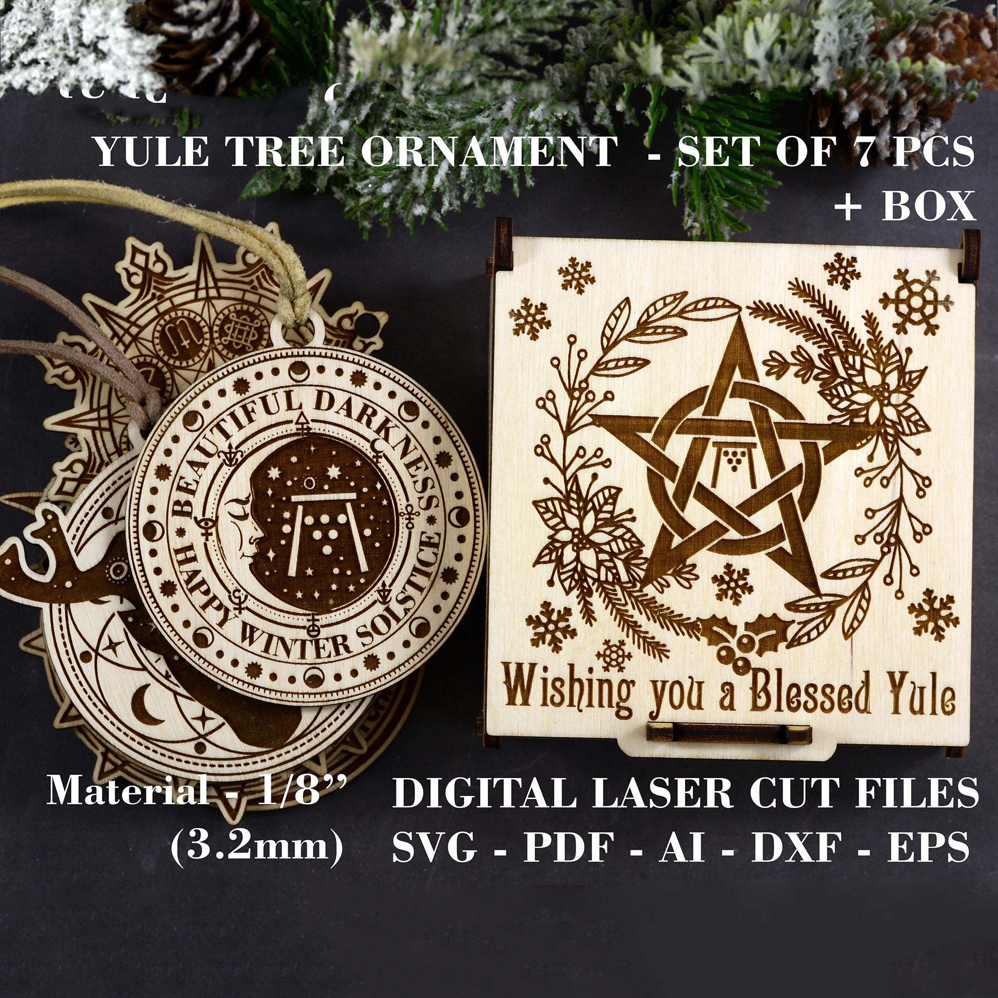 Wooden Yule Tree Ornament SVG Set of 7 Pcs With Box Svg Winter Solstice ...