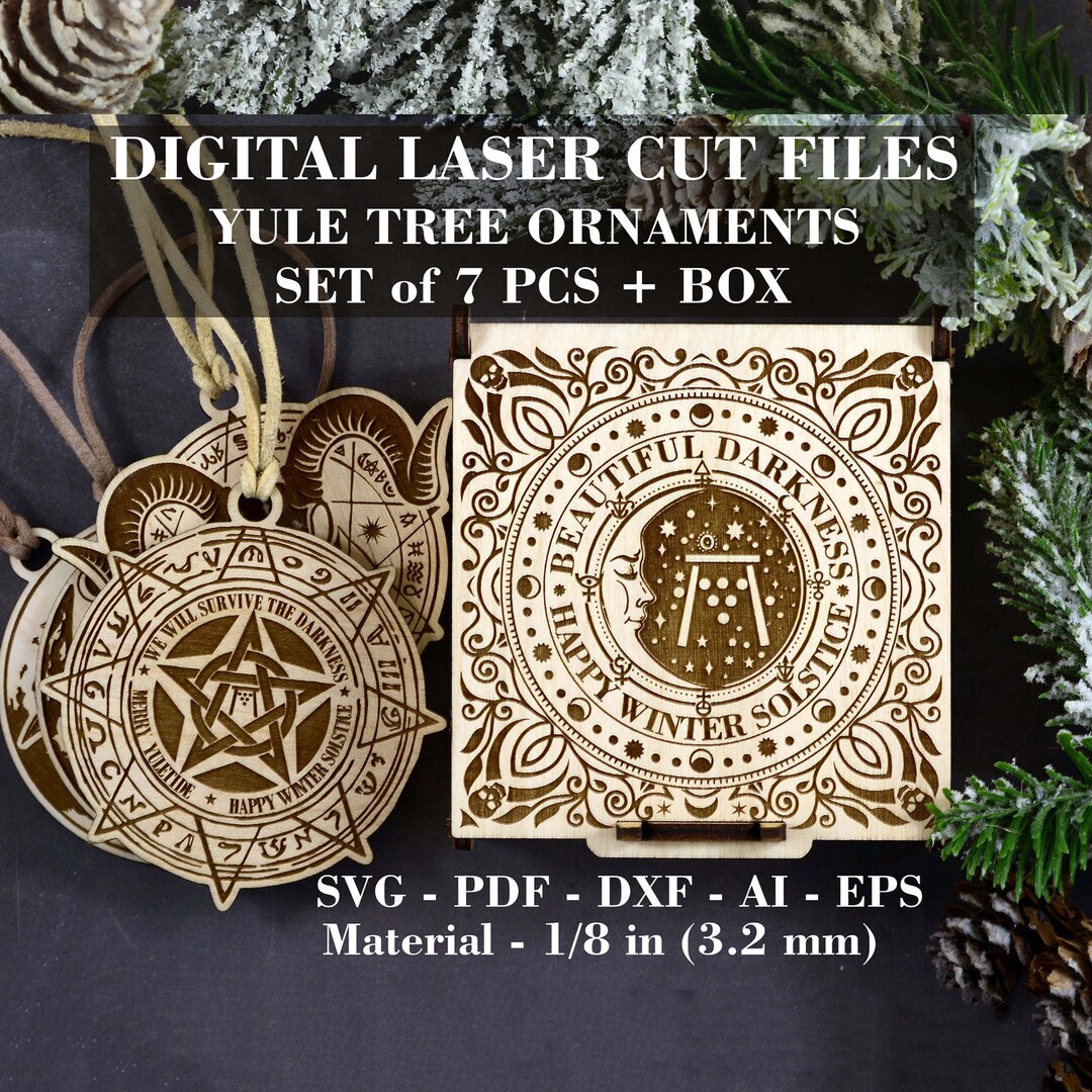 Laser Cut Yule Tree Ornaments File Set of 7 Pcs With Gift Box SVG ...
