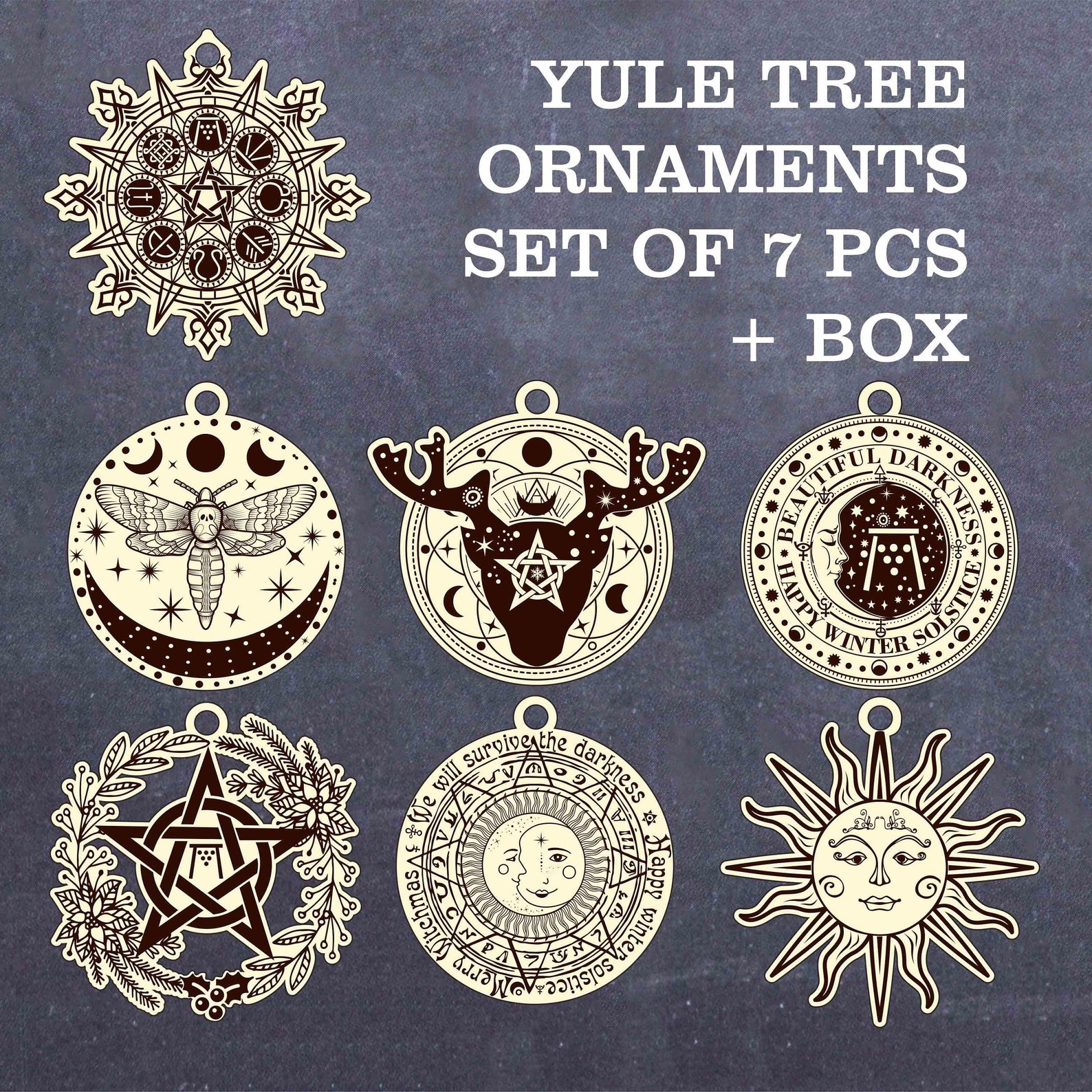 Wooden Yule Tree Ornament SVG Set of 7 Pcs With Box Svg Winter Solstice ...