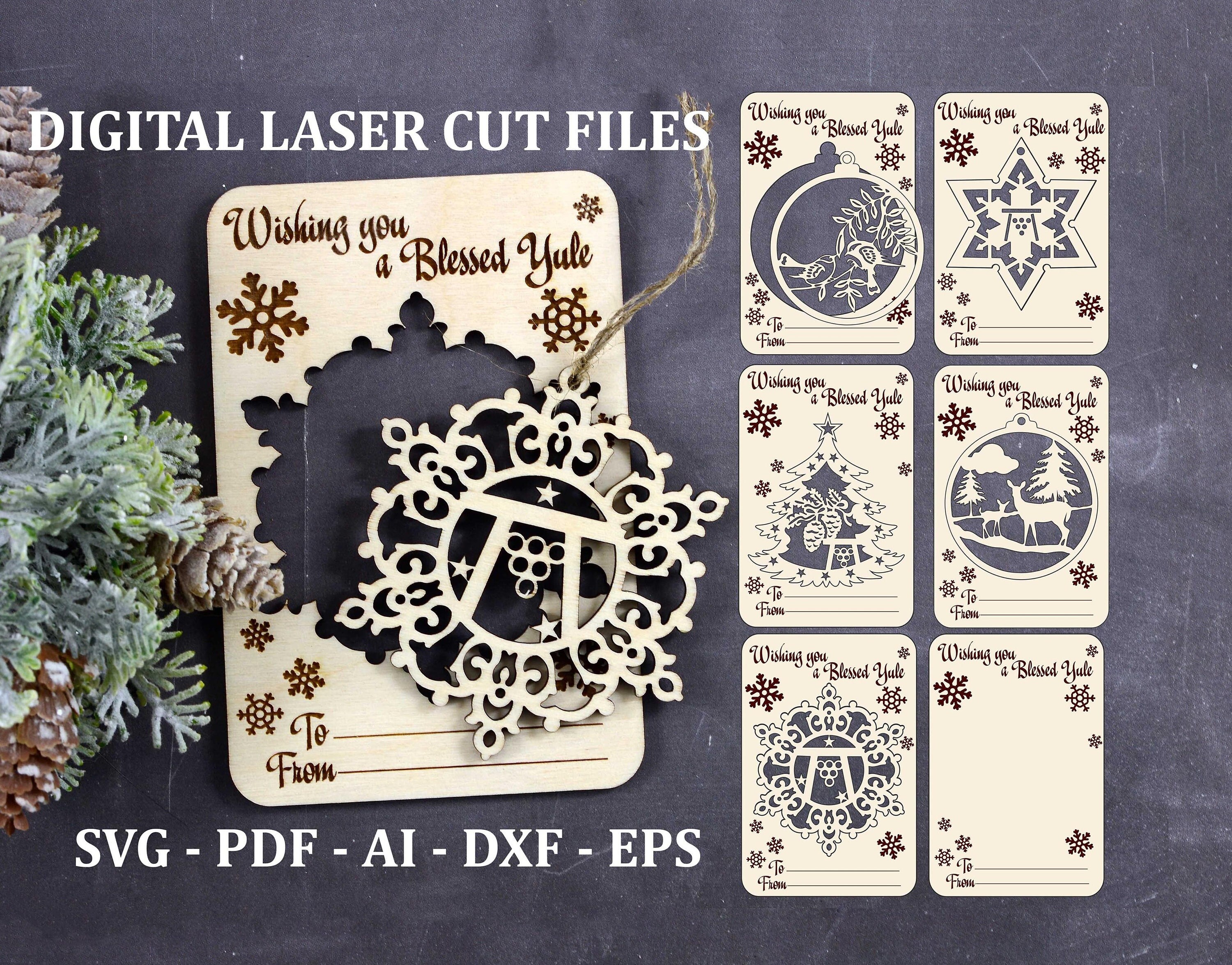 Wooden Yule Greeting Card SVG Yule Tree Ornament Set of 5 Svg - Etsy