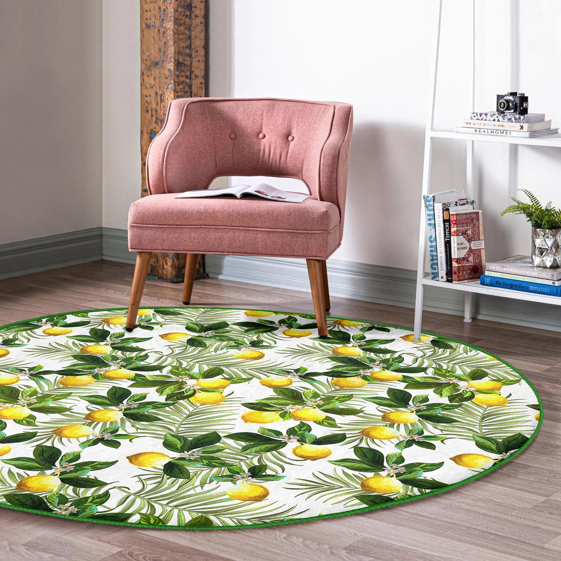 Lemon Leaf Flower Decorative Rug Green Round Rug Area Rug Washable Rug ...