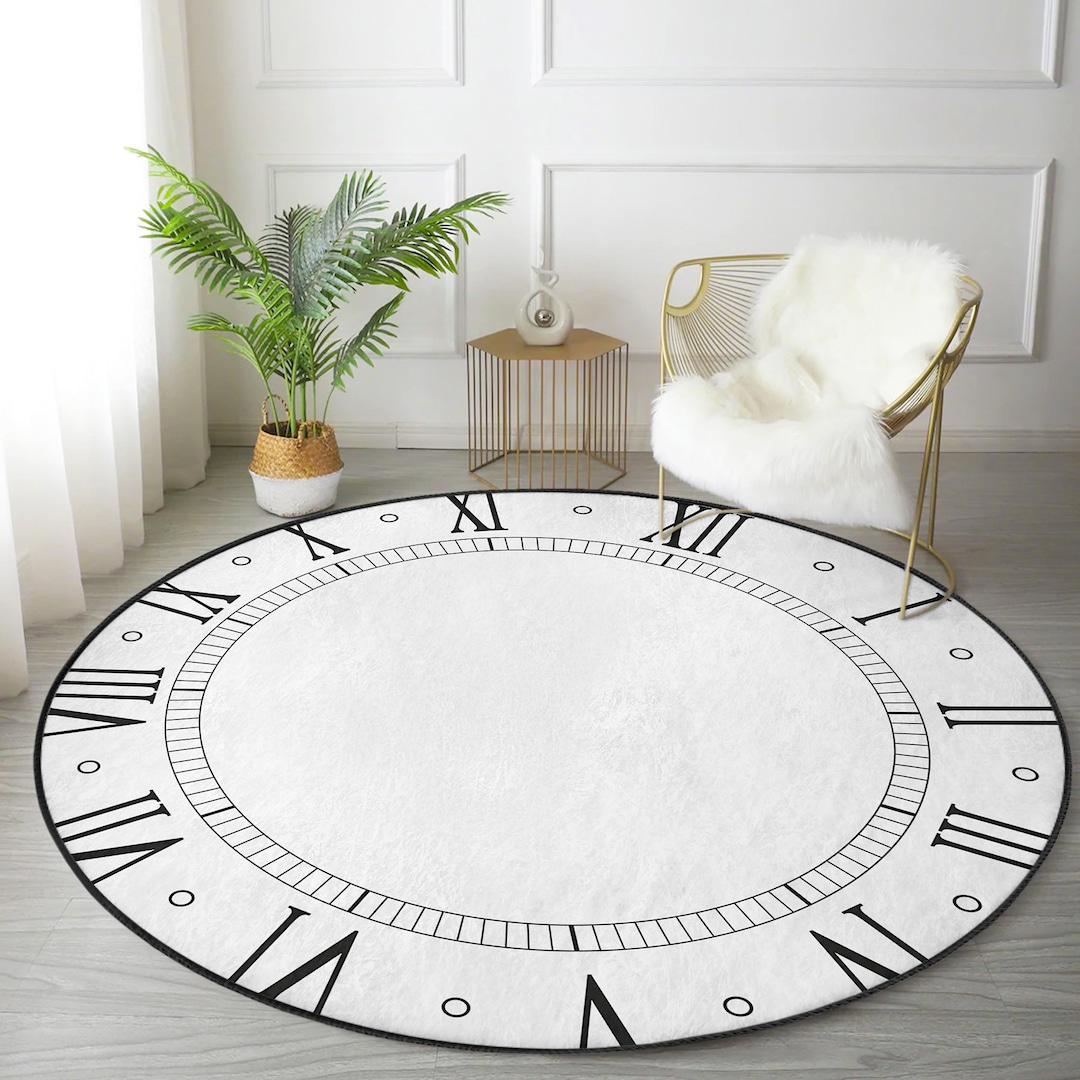 Roman Numerals Clock Design Decorative Rug White Round Rug Area Rug ...