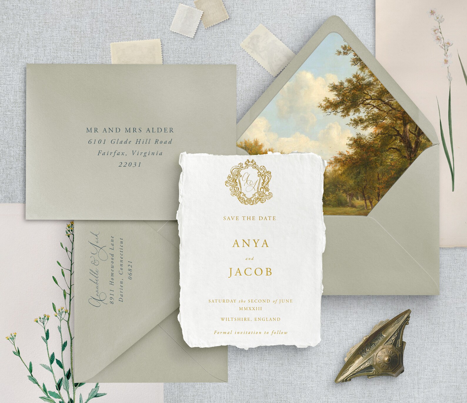 Gold Foiled Save the Date Cards, Handmade Cotton Paper, European Crest ...