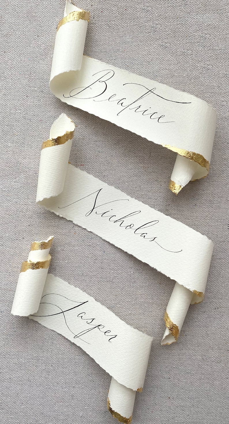 Gold Leaf Calligraphy Place Cards: Handmade Paper Scrolls - Etsy