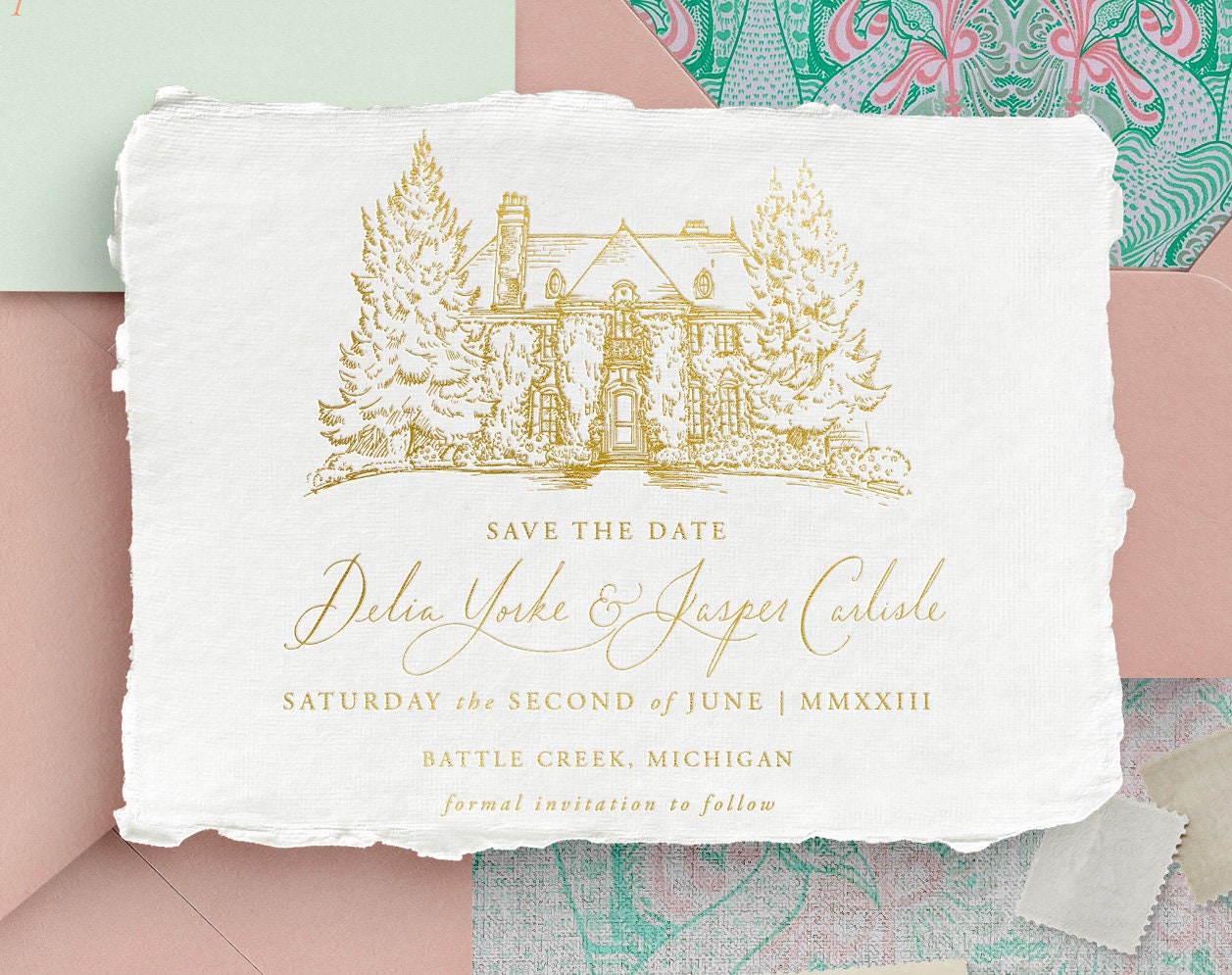 Personalized Venue Illustration Gold Foiled Save the Date Cards, Deckle ...