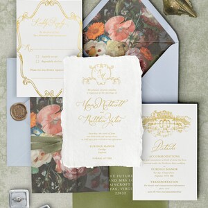 Monogram Crest Gold Foil Wedding Invitations, Custom Venue Illustration ...