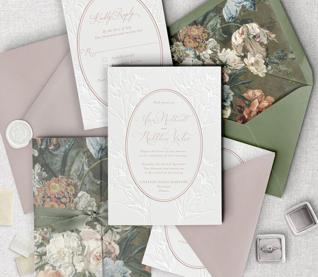 Letterpress Wedding Invites, Blind Embossed Vintage Tulip Illustration ...