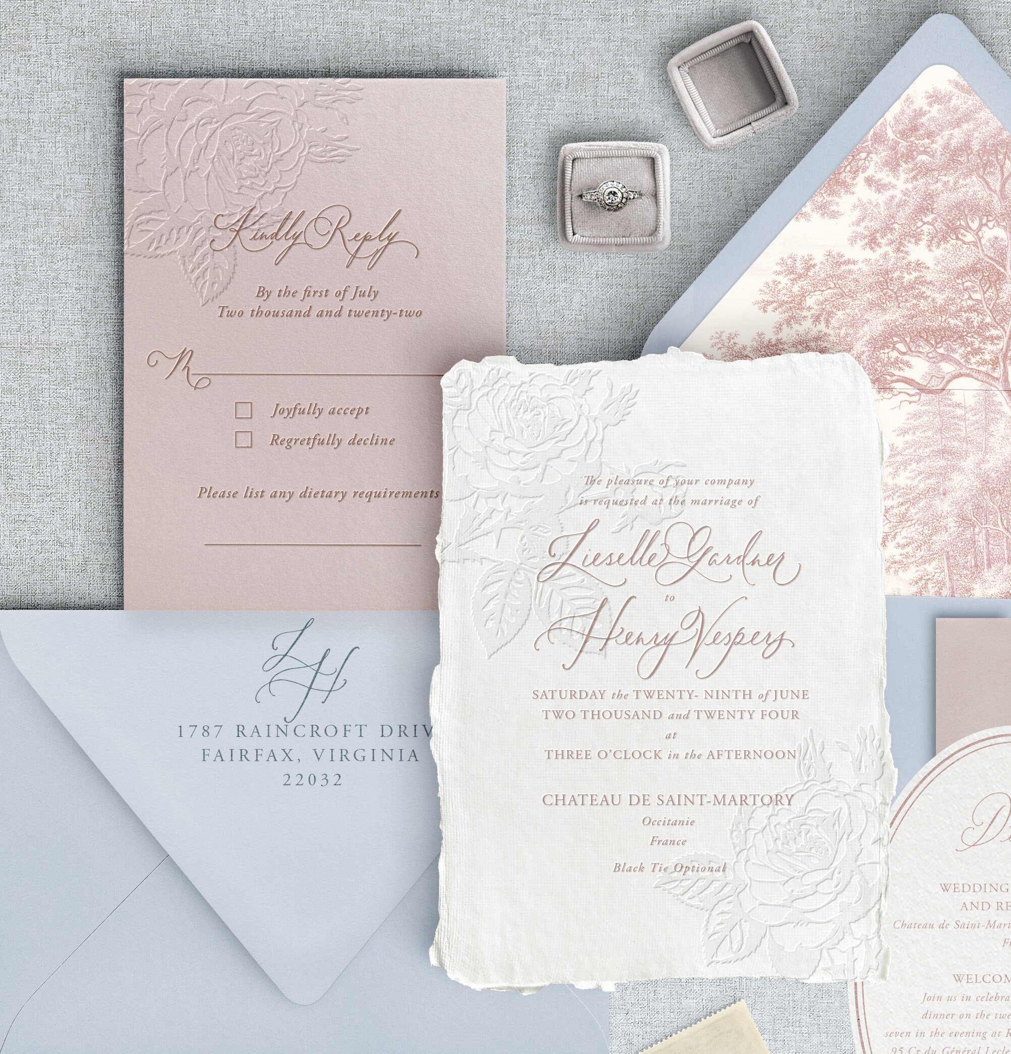 Letterpress Wedding Invitations, Blind Debossed Vintage Rose ...