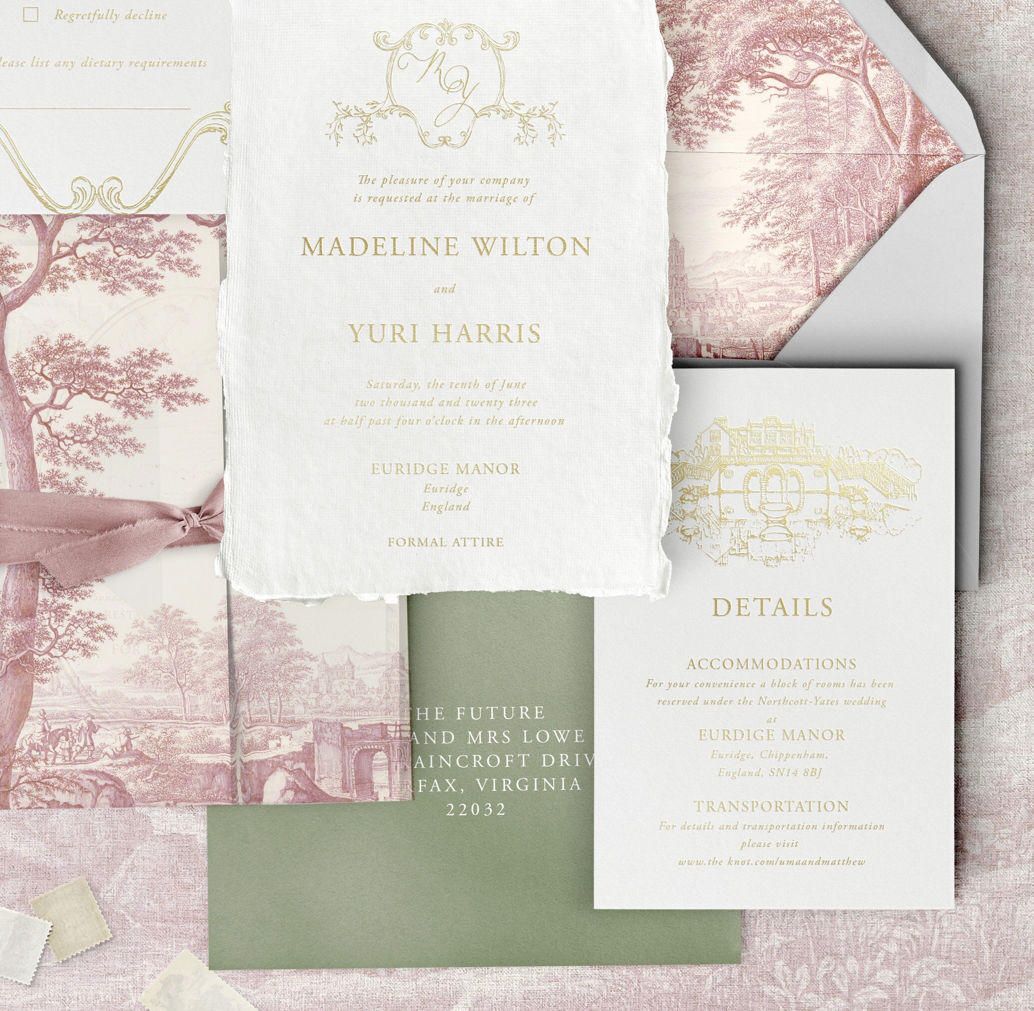 Monogram Crest Gold Foil Wedding Invitations, Custom Venue Illustration ...