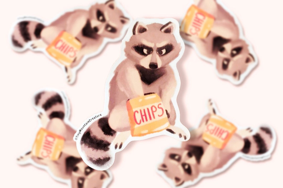 Raccoon Eating Chips Sticker Trash Panda Snacking on Potato Chips Water ...