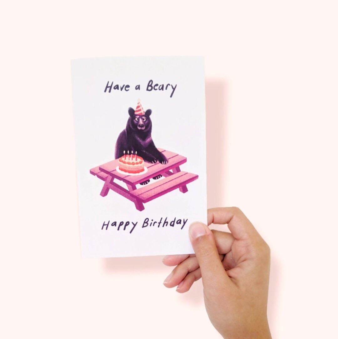 Bear at Picnic Table Birthday Card Have a Beary Happy Birthday Woodland ...