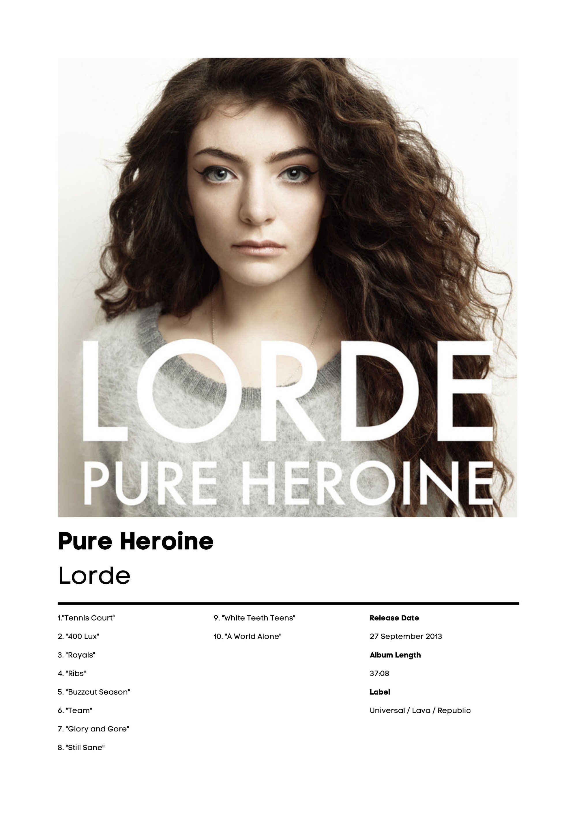 Lorde Album Cover Pure Heroine