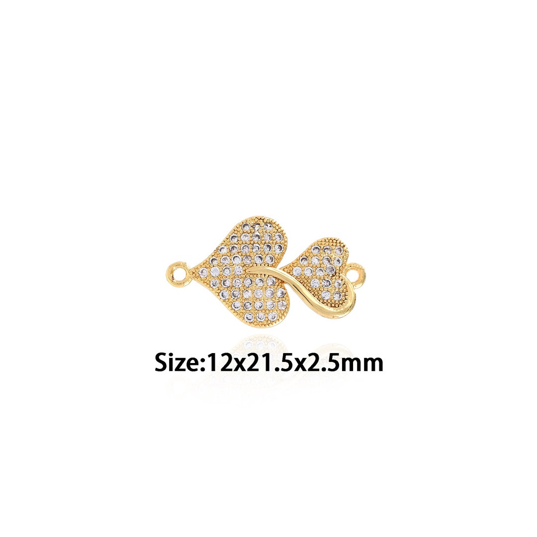 18K Gold Filled Heart Connectors, Micropavé CZ Double Heart Connectors ...